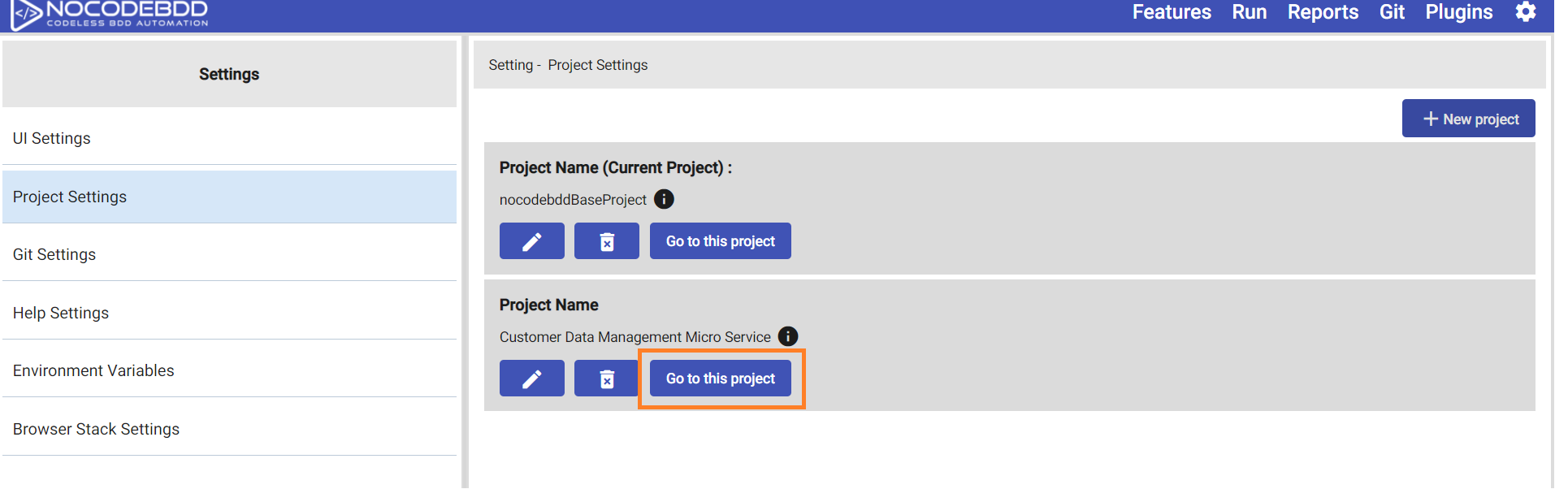 Working with multiple projects - NoCodeBDD